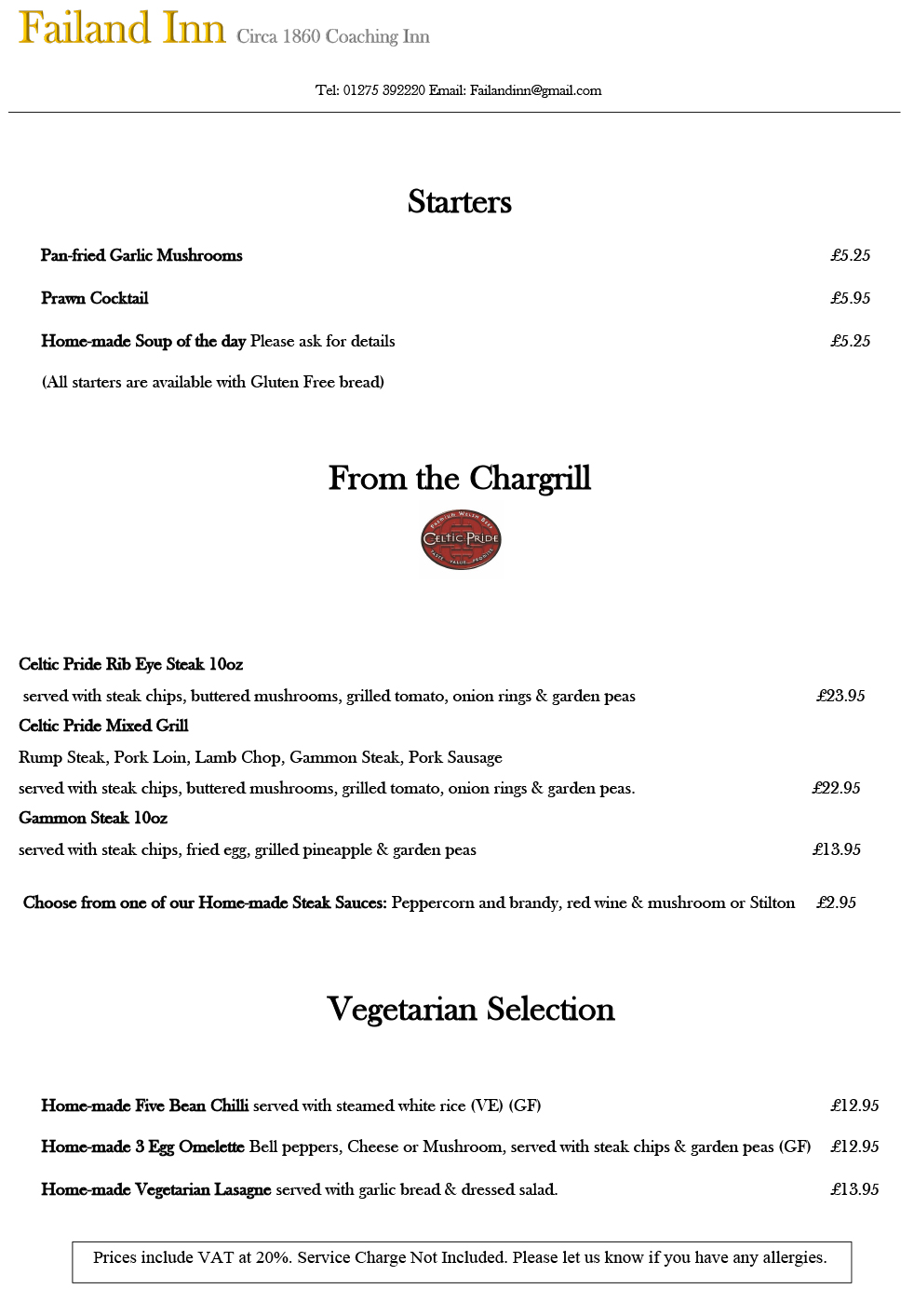 Menus – The Failand Inn