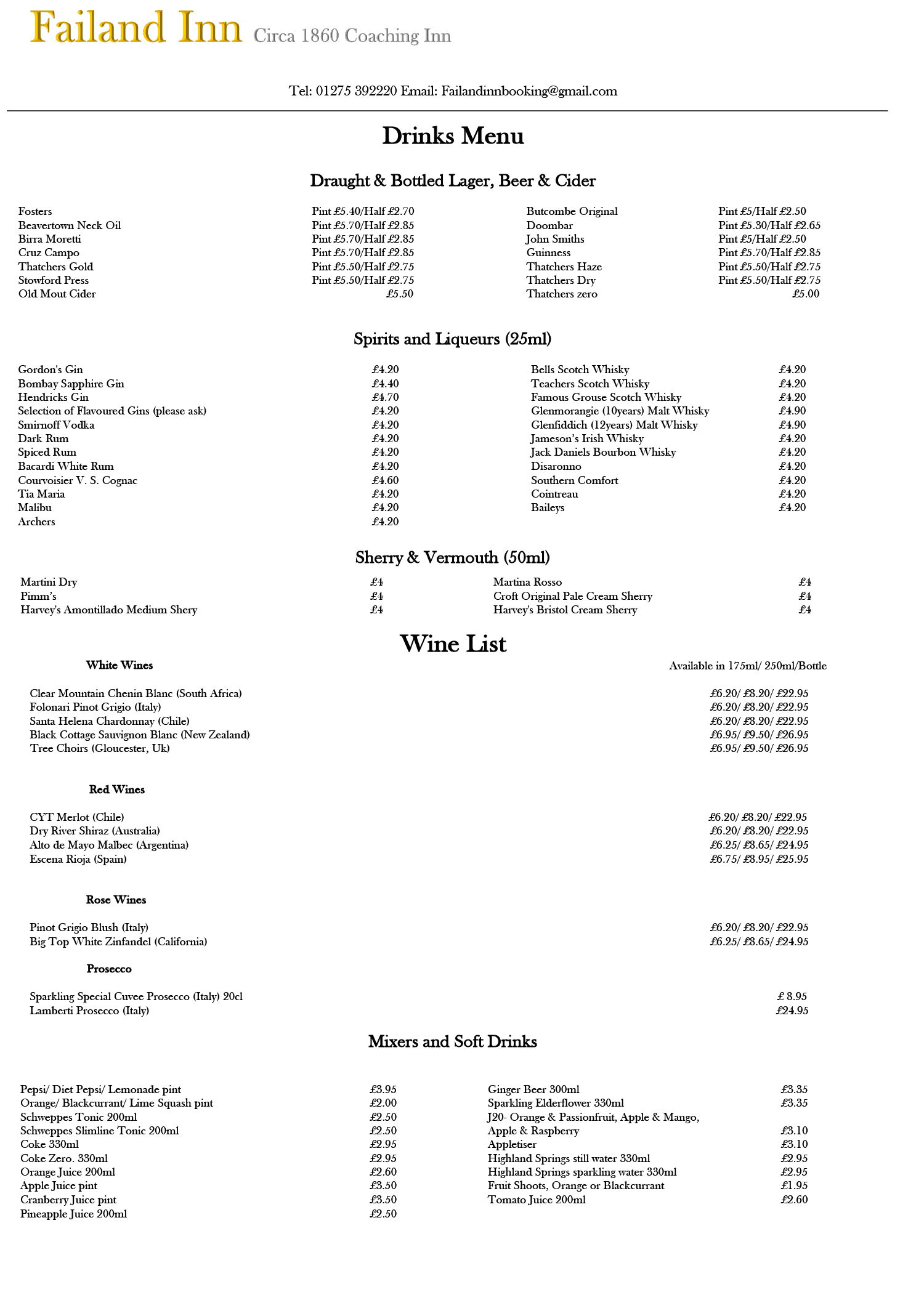 Menus – The Failand Inn